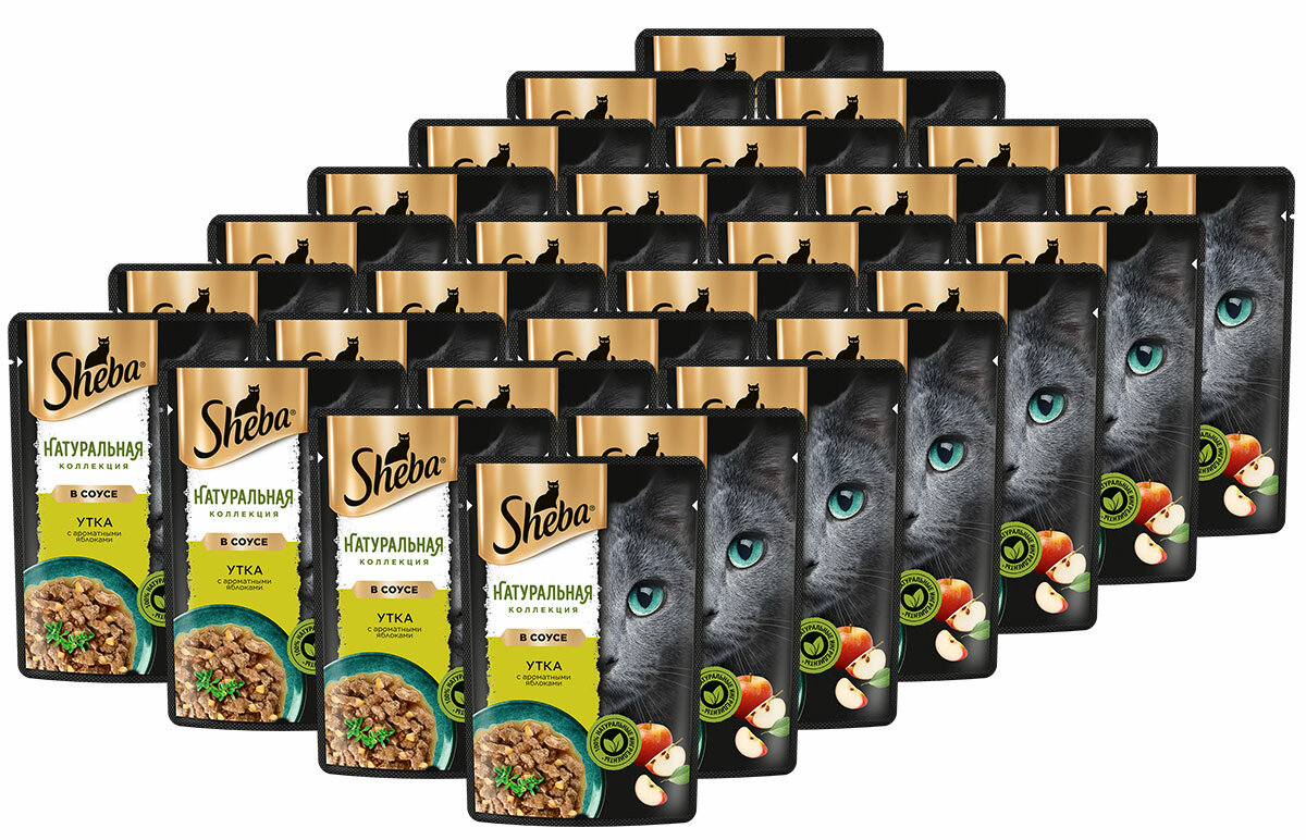 Влажный корм Sheba НатуральнаЯ Коллекция для взрослых кошек с уткой и яблоками в соусе пауч, 75 гр х 28 шт