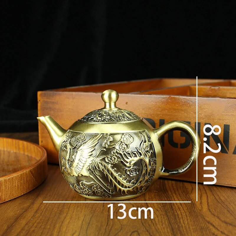 Чайник из чистой латуни с изображением дракона и феникса, горы и воды, для домашнего чайного стола, 13X8.2cm