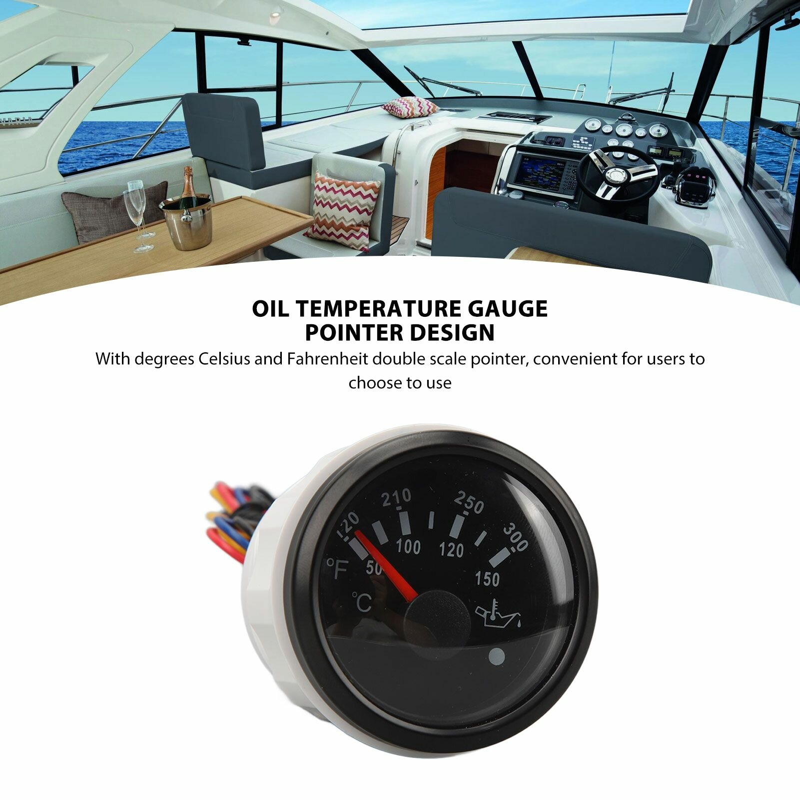 Датчик температуры масла 52 мм от DC9 до 32 В, указатель с двойной шкалой, высокоточные датчики для автофургонов, яхт, рыбацких лодок, кораблей, черная крышка