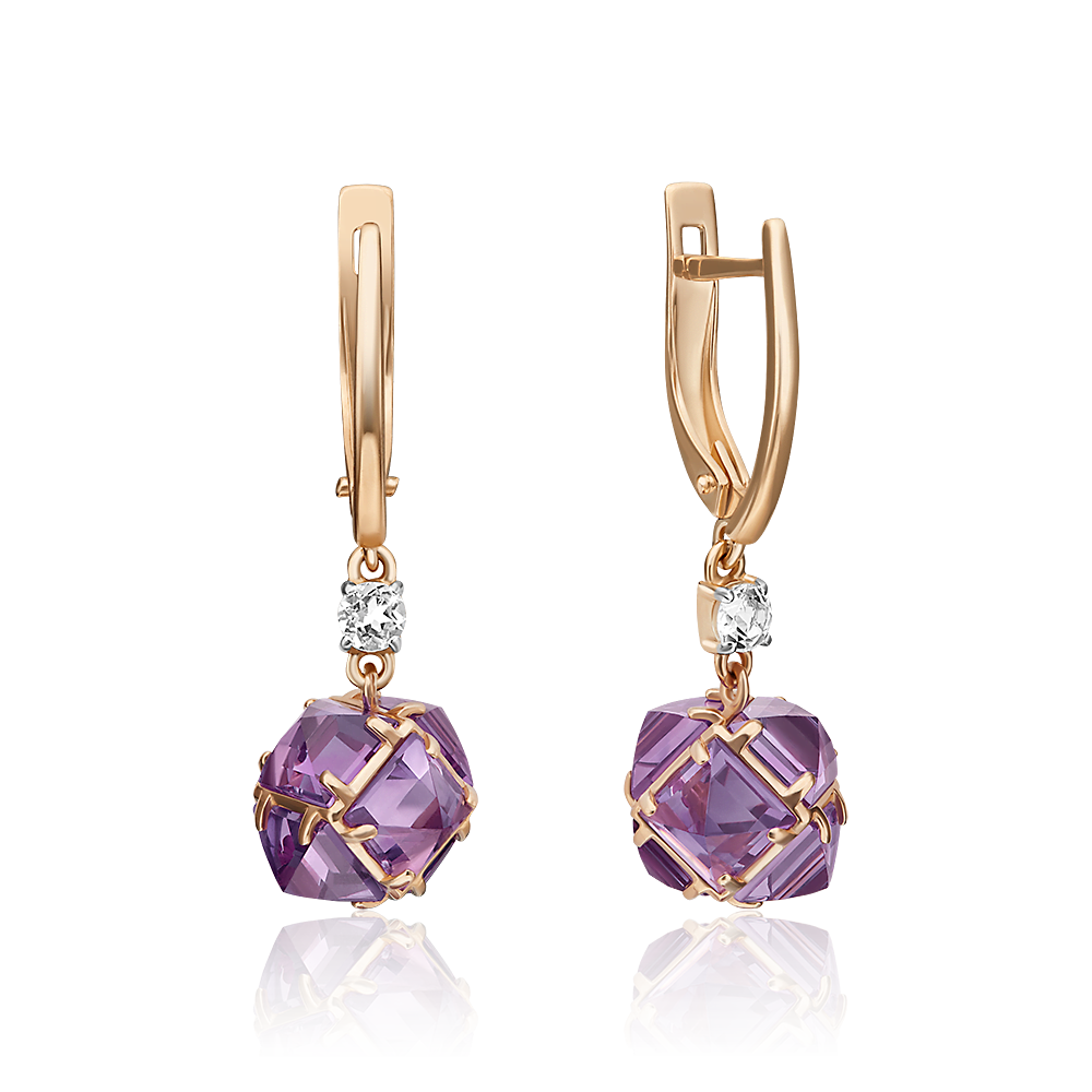 Серьги, красное золото, 585 проба, топаз, аметист