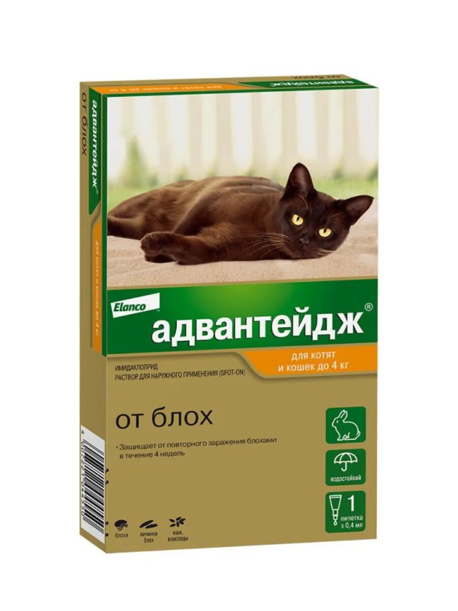 Адвантейдж капли на холку от блох для котят и кошек до 4 кг. 1 пипетка в упаковке