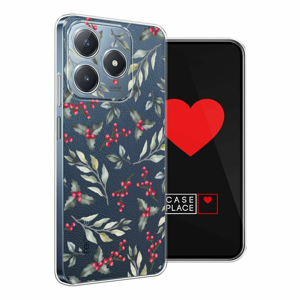 Чехол на Realme C63 / Реалми С63 с принтом Зимние ягоды паттерн, прозрачный — фото 1