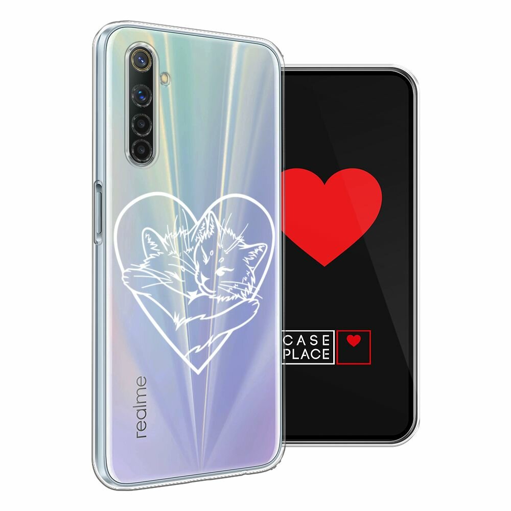 Чехол на Realme 6 / Реалми 6 с принтом "Влюблённые котики рисунок 2 - 14 февраля", прозрачный — фото 1