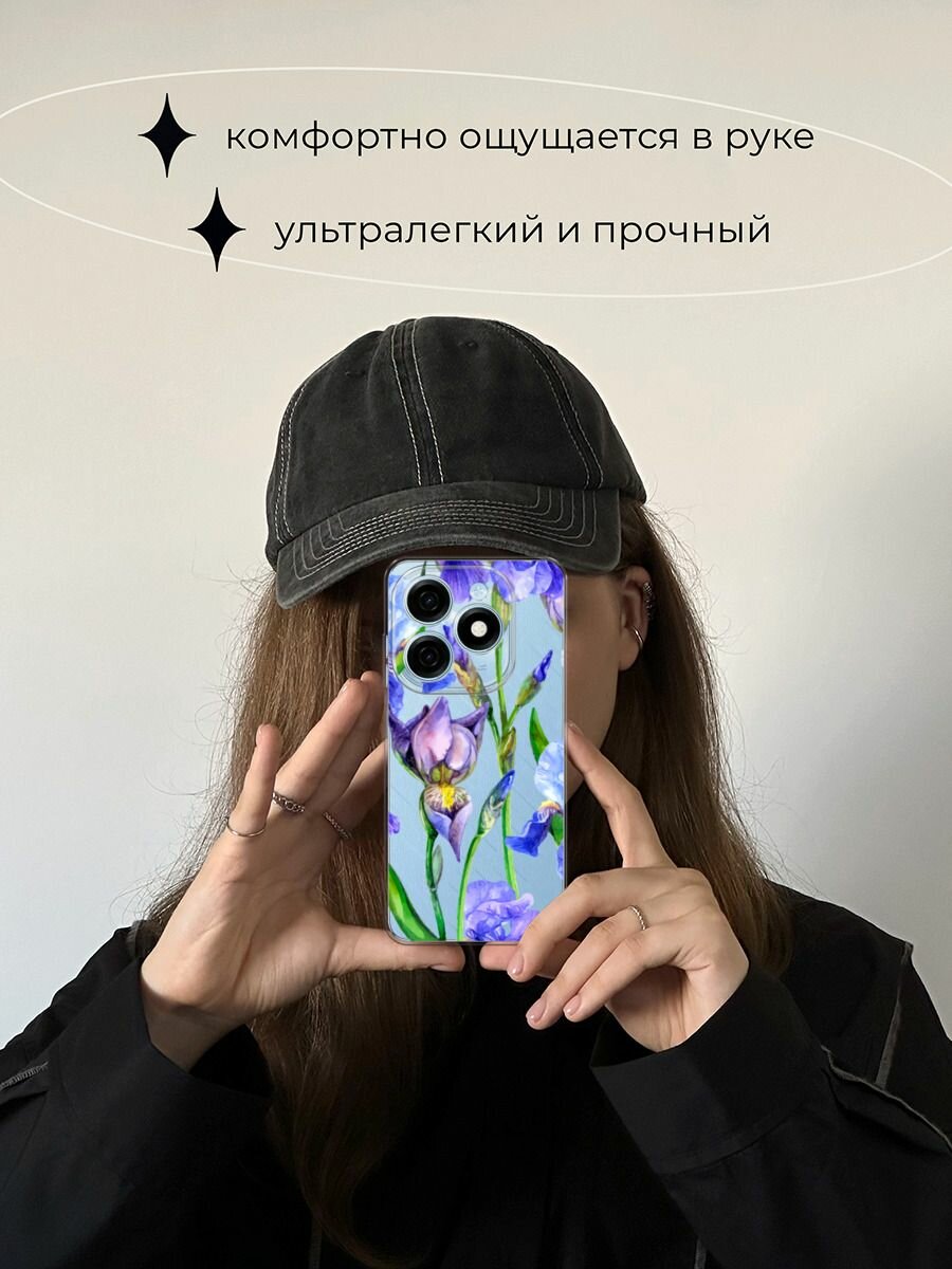Чехол на Tecno Spark 20 / Текно Спарк 20 с принтом "Синие ирисы", прозрачный — фото 1