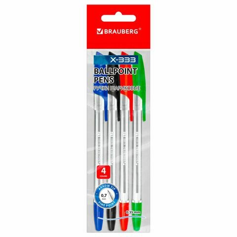 24 шт. Ручки шариковые BRAUBERG "X-333", набор 4 цвета, узел 0,7 мм, линия 0,35 мм, 144252