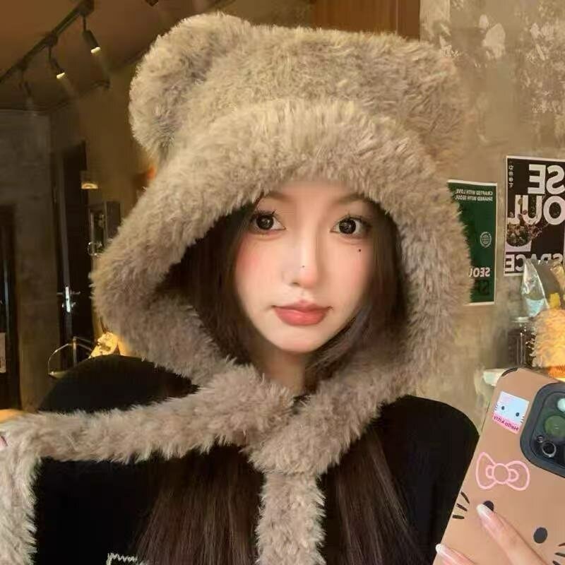 Милая вязаная пуловерная шапка с ушками плюшевого мишки для женщин на осень и зиму, теплая шерстяная шапка с большой окружностью головы, защита ушей