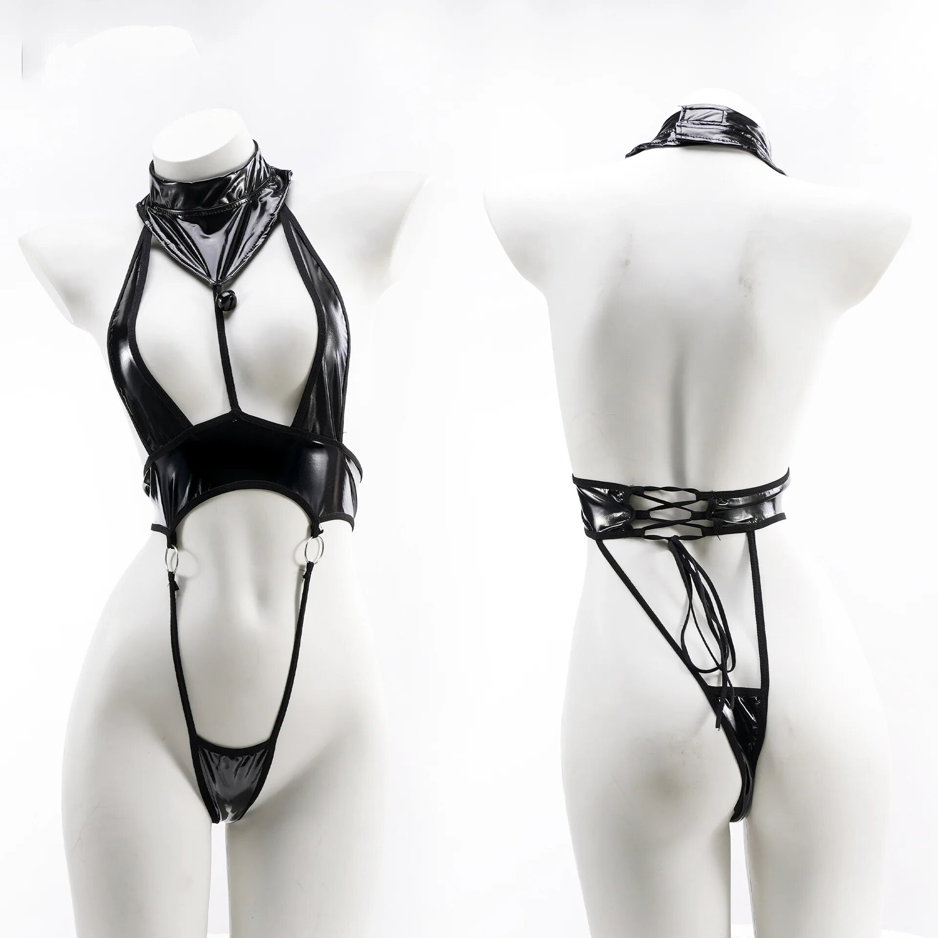 Аниме Косплей белье Холтер три точки купальник с вырезами с открытой спиной из искусственной кожи костюм кошки женское сексуальное боди бандажный комплект