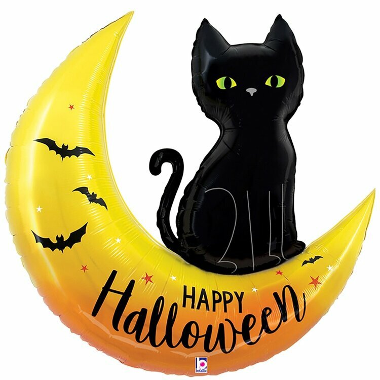 Воздушный шарик Betallic фигура, Happy Halloween, месяц с котом