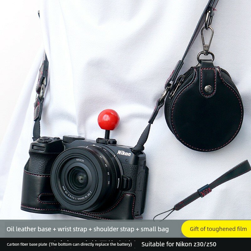Чехол для камеры Nikon Z30 с кожаной подставкой, браслетом, плечевым ремнем и боковым карманом, черный цвет