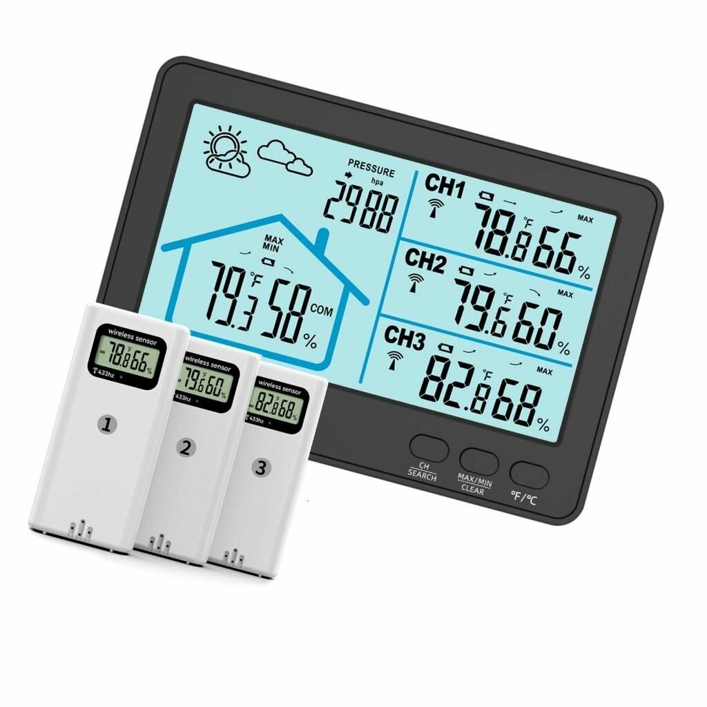 Дальнодействующие беспроводные метеостанции с монитором и цифровым дисплеем, Черный