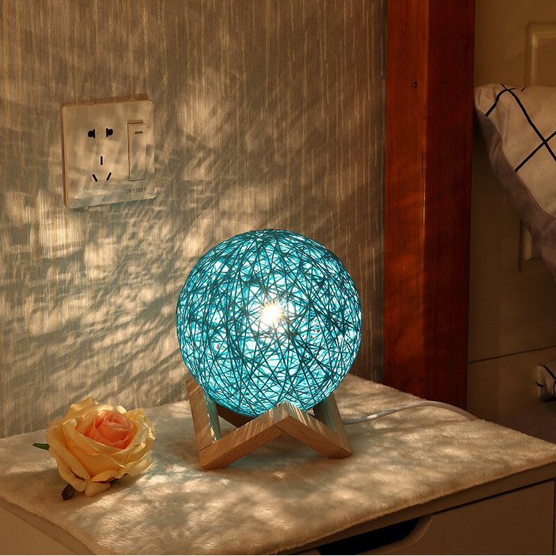 Ночник из ротанга с LED-подсветкой, проекция звездного неба, подарок в виде луны, скандинавская USB настольная лампа, декор для спальни и прикроватной тумбочки