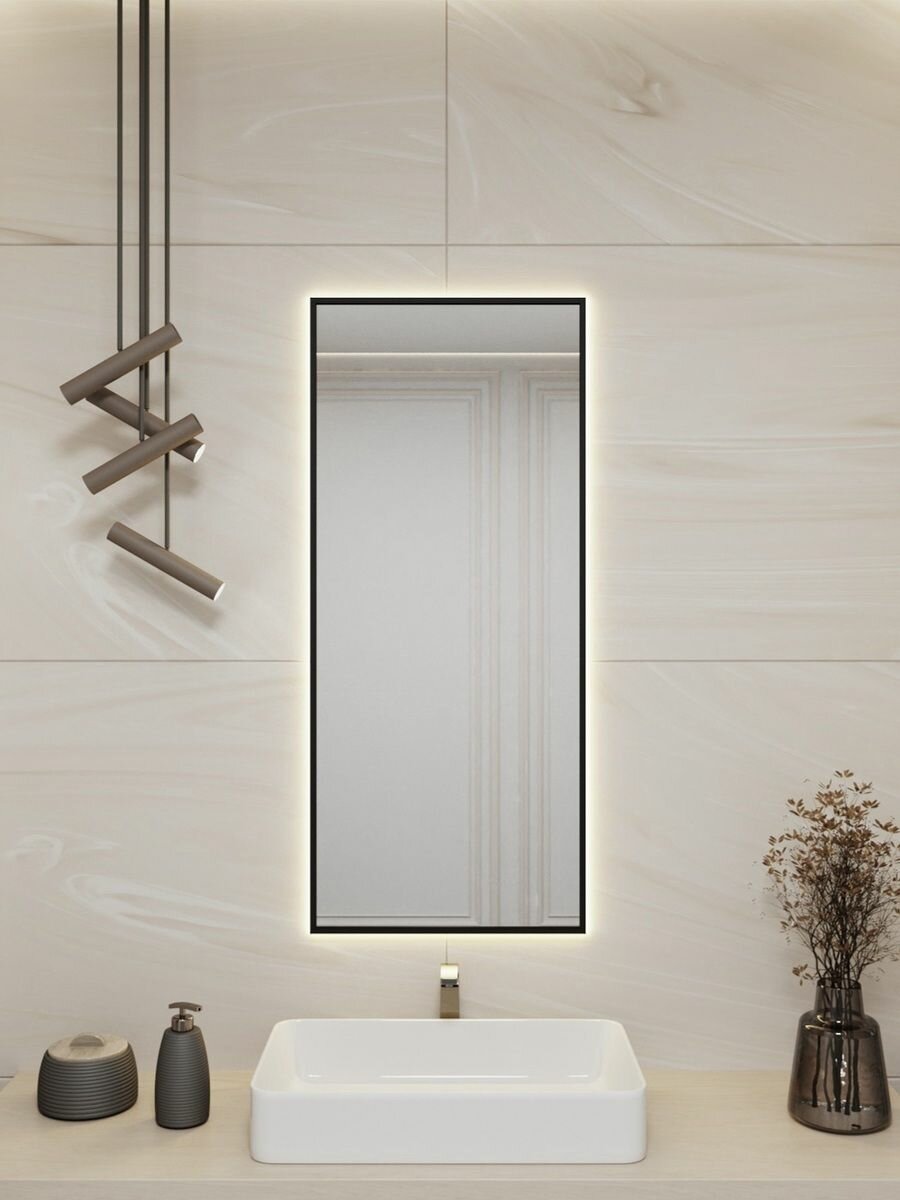 Зеркало в ванную 100х50 см. черное с подсветкой. Свет: Нейтральный белый 4500К. В алюминиевой раме настенное BLX MIRROR