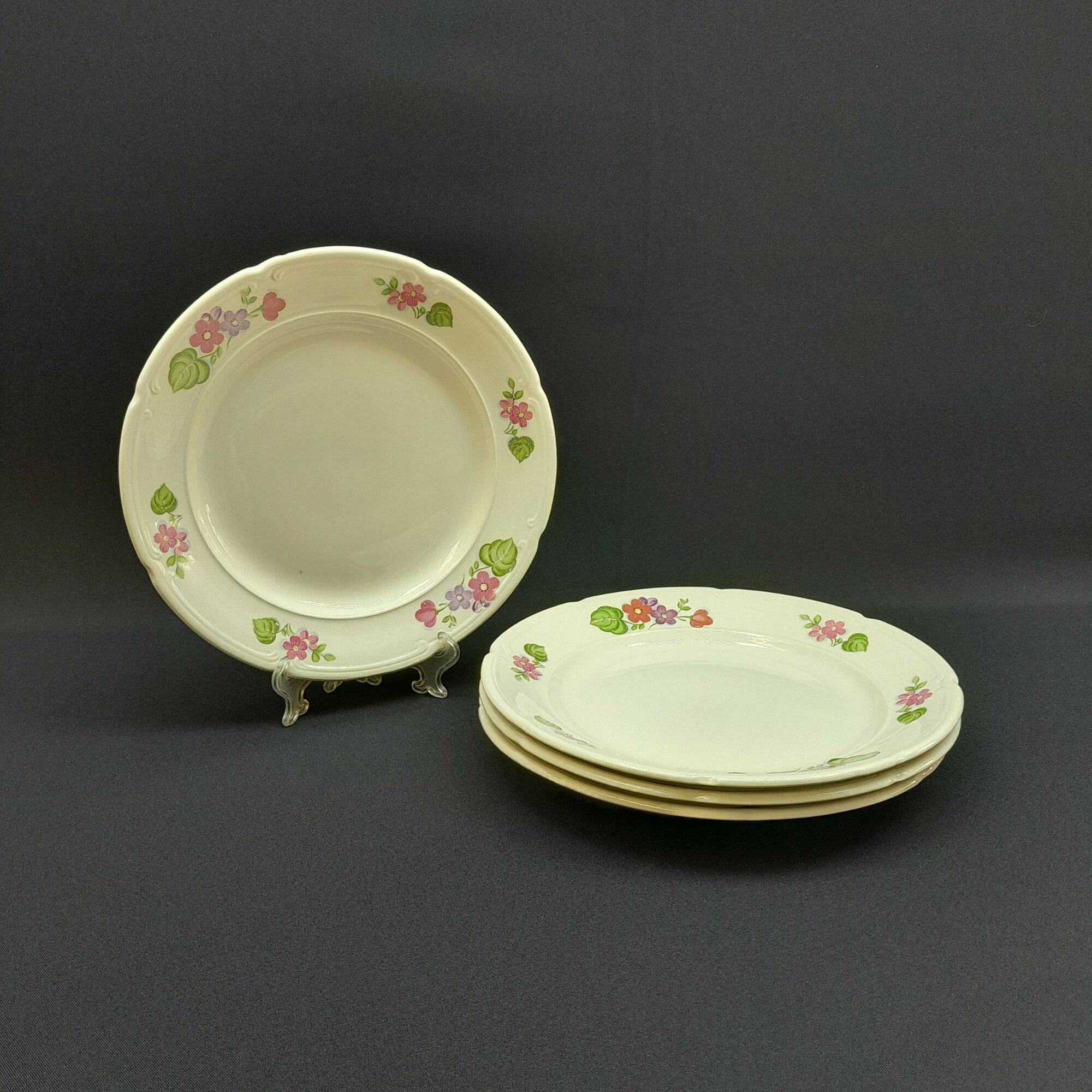 Набор из 4 столовых тарелок Конаково, фаянс деколь роспись 235 мм, винтаж СССР