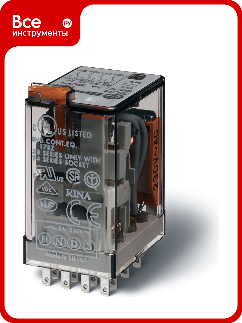 Промежуточное реле Finder 4 перекидных контакта 7А, = 24В DC, 553490240094