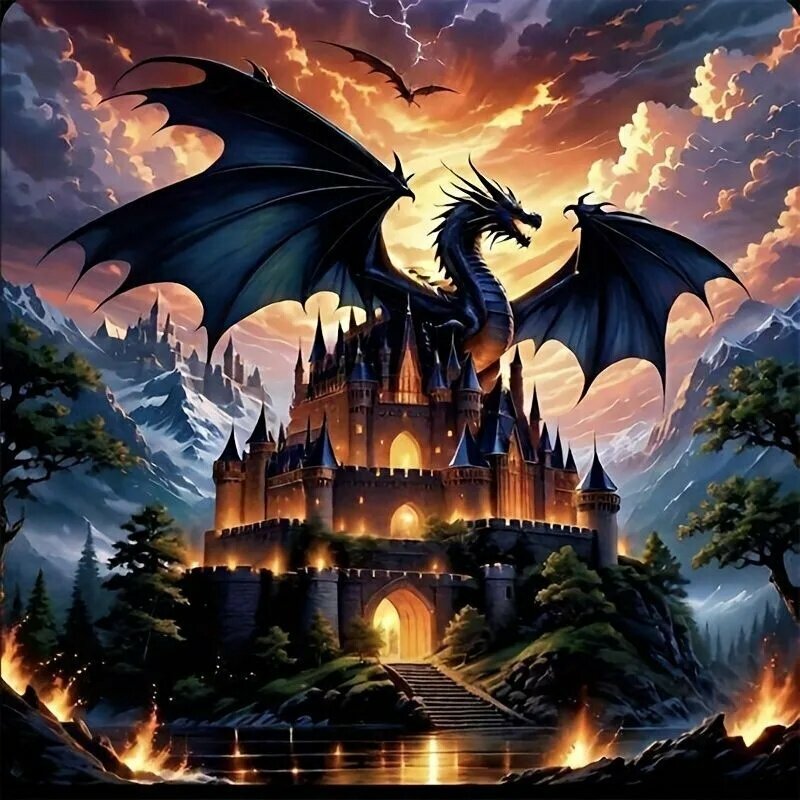 Алмазная мозаика "Дракон и замок" / Алмазная вышивка / Круглая картина стразами Полная выкладка 45х45CM(без подрамника, без рамки)