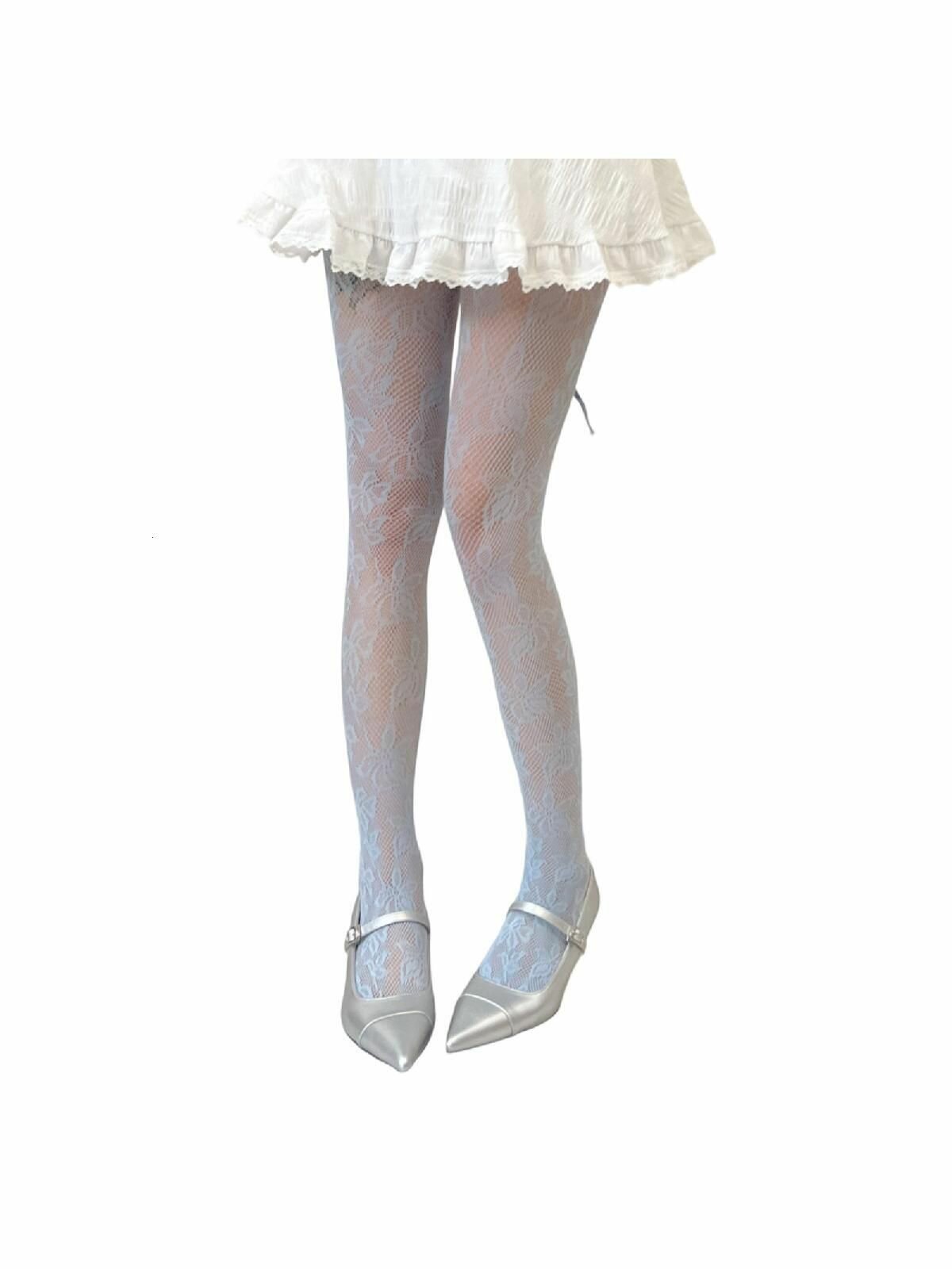 Женские колготки с узором, сетка, кружевные, Светло-голубой