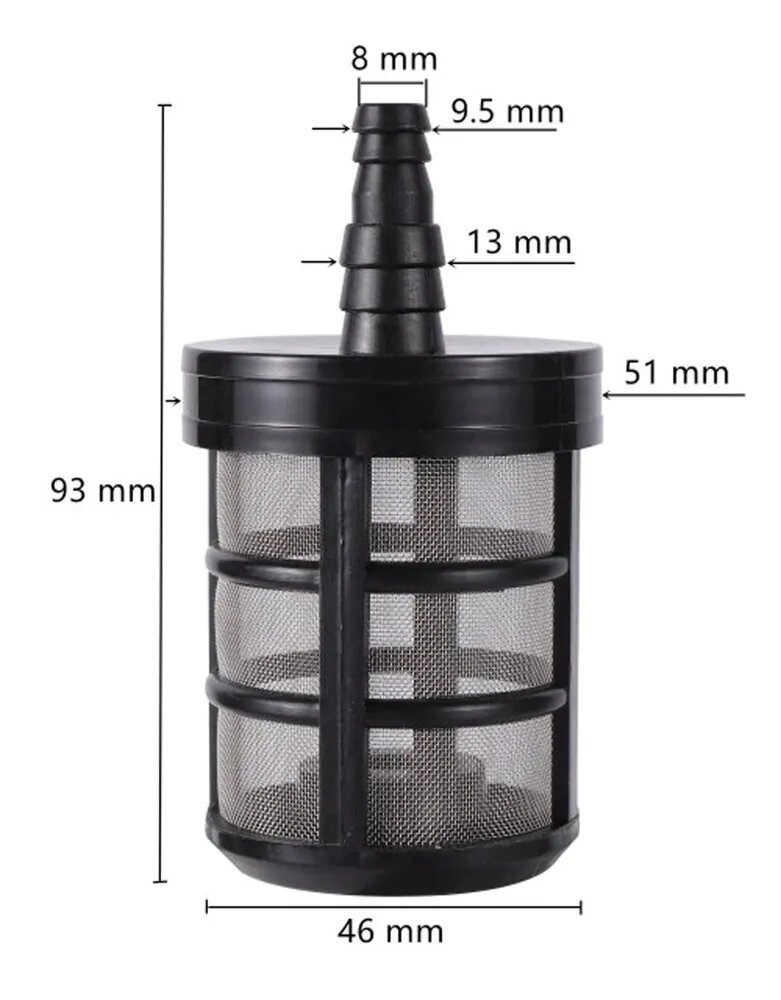 Насадка префильтр 8, 12 мм. (1 шт.) предварительный фильтр разборный, сетка сталь, пластик (черный) под шланг, трубку с внутренним диаметром 8, 12 мм. - вход фильтров.