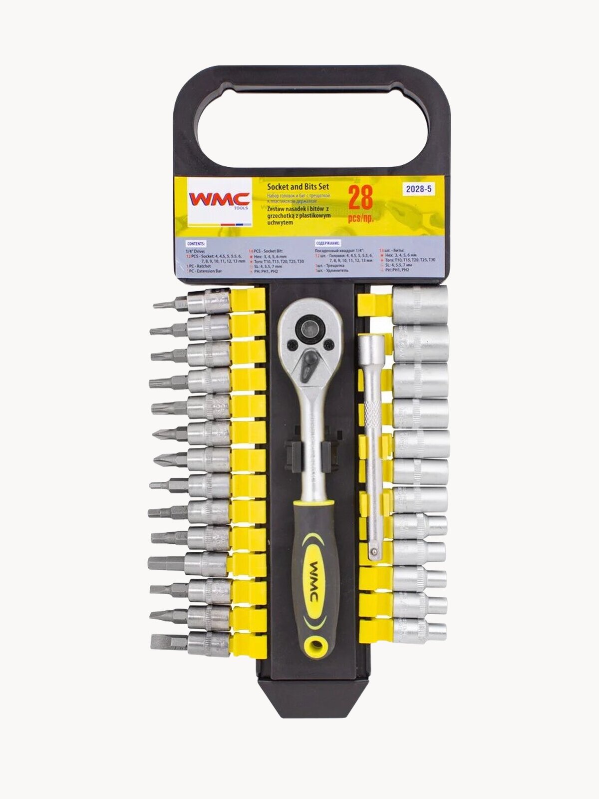 Набор, WMC, торцевых головок и бит с трещоткой WMC TOOLS 1/4" 28 предметов WMC-2028-5(51204), пластиковом