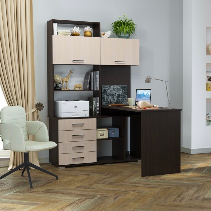 Компьютерный письменный стол ПКС-11 угловой правый, с ящиками и полками, 139х187×57 см, Венге / Дуб белфорт