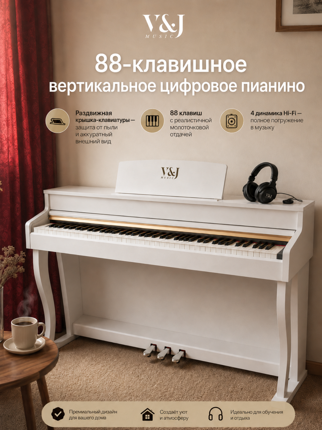 Цифровое пианино V&J MUSIC E-330 с молотковыми клавишами, в комплекте 3 педали и наушники в подарок