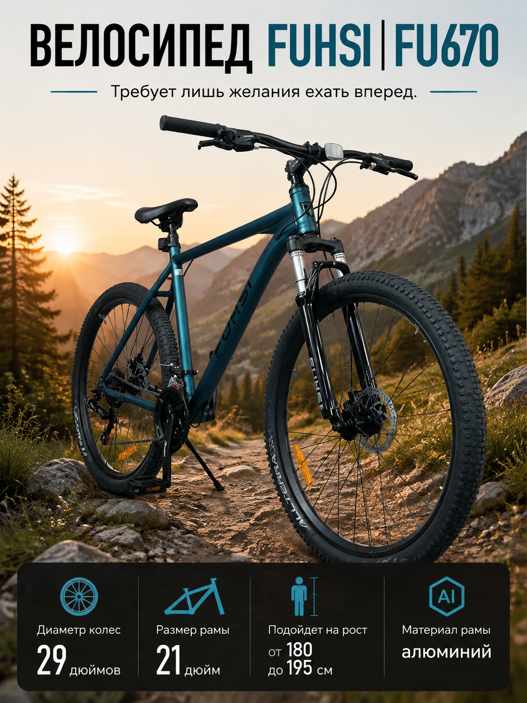 Горный велосипед BREND FUHSI ORIGINAL FU670, диаметр колес 29", 21 скорость, рама алюминий, синий