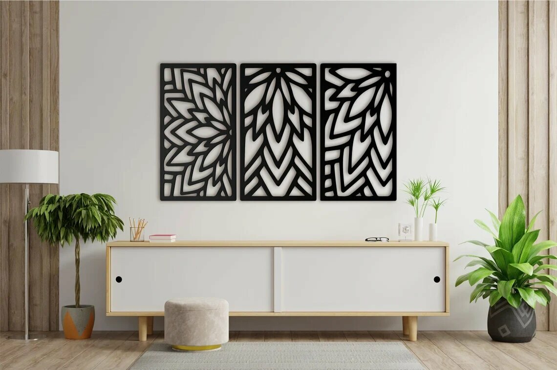 Панно/декор из дерева на стену Листья в орнаменте (комплект из 3 панно)