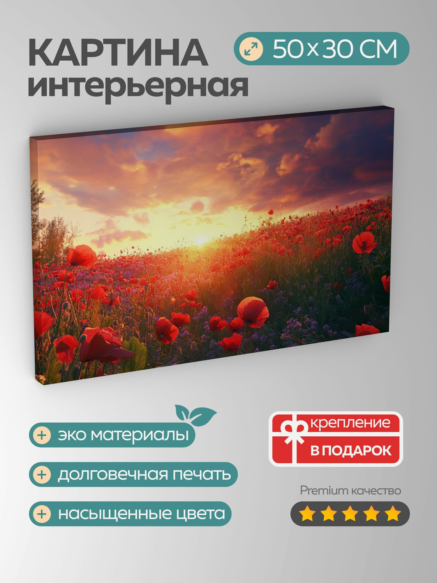 Картина на холсте интерьерная 50х30 см, маковое поле, высокое разрешение, золотой час, яркие красные цвета