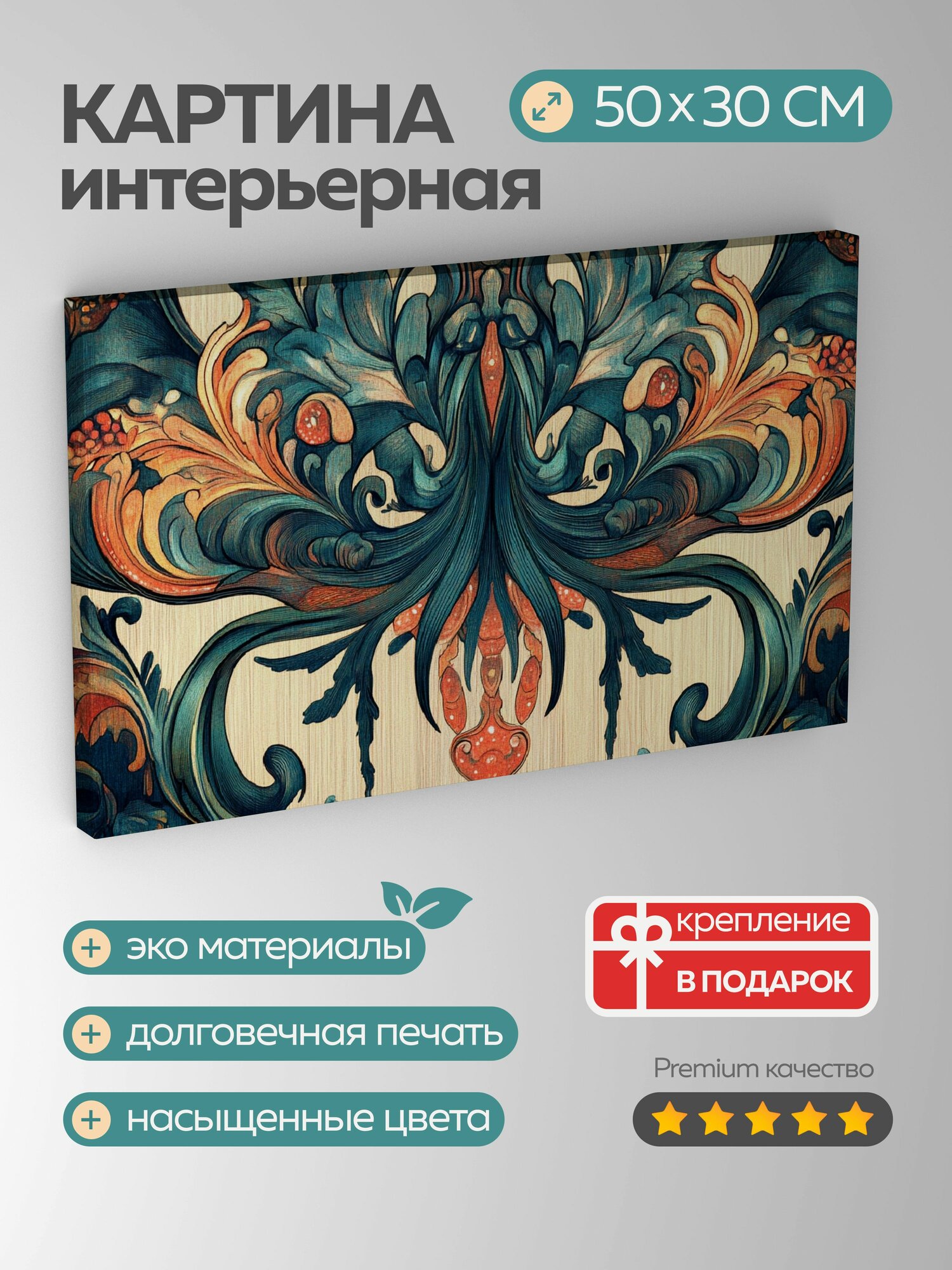 Картина на холсте интерьерная 50х30 см, ар-нуво, плакат, изящный, типографика, ботанические мотивы, культовый стиль