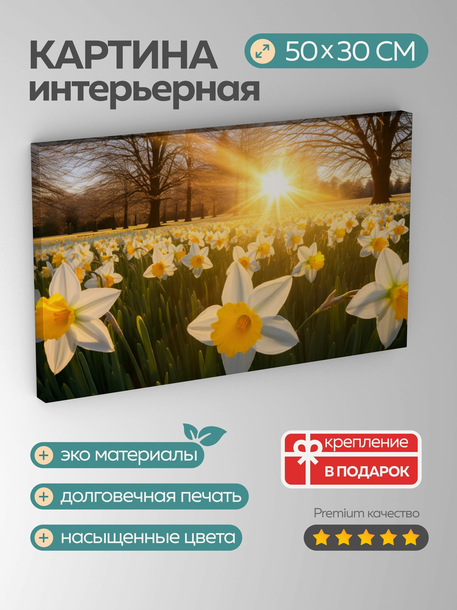 Картина на холсте интерьерная 50х30 см, нарциссы, поле, высокое разрешение, золотистый свет, яркие цветы, желтый