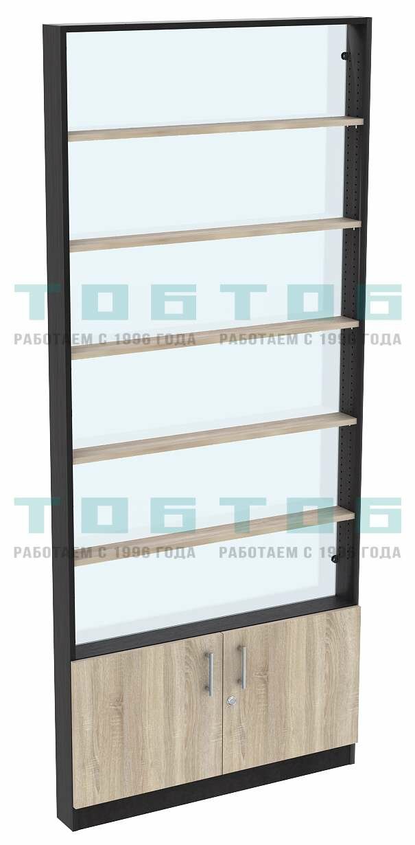 Стеллаж из ДСП с 5-ю полками 100x900 мм серии LEVEL-5 №8-1 (З/C - стекло), Орех