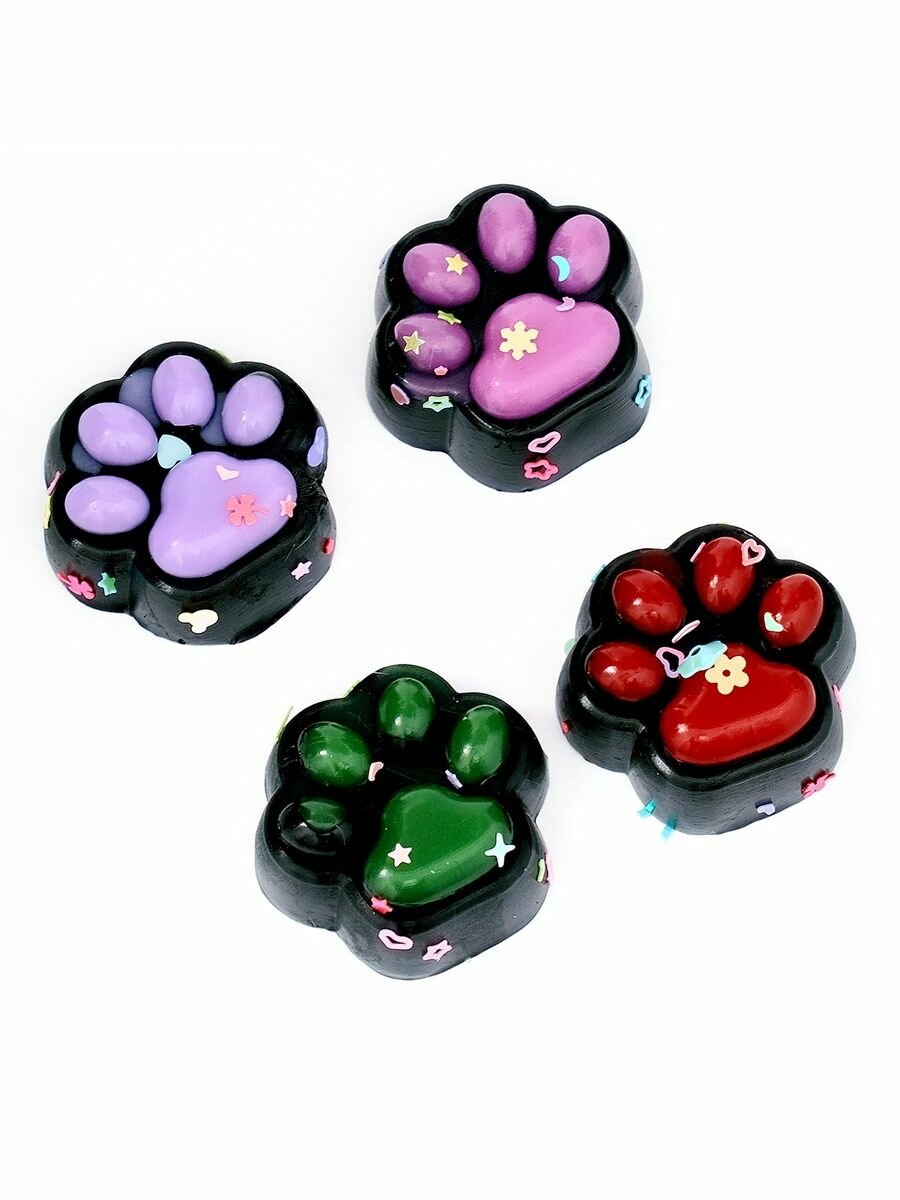 Сквиш "Чёрные лапки" с блёстками, мягкая сжимаемая игрушка-антистресс, успокаивающая жмякалка, развивающая мялка для детей, набор 4 шт.