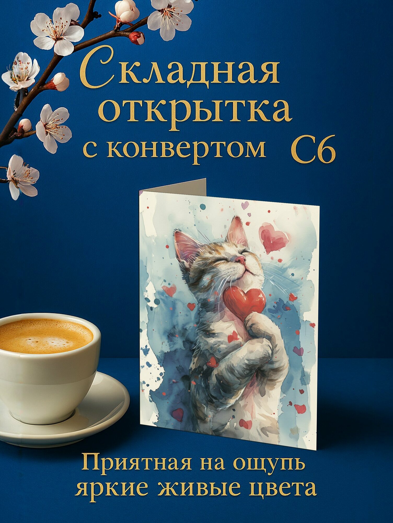 Открытка "Котик с сердцем 2" (дизайнерская бумага) - Валентинка, подарок любимой