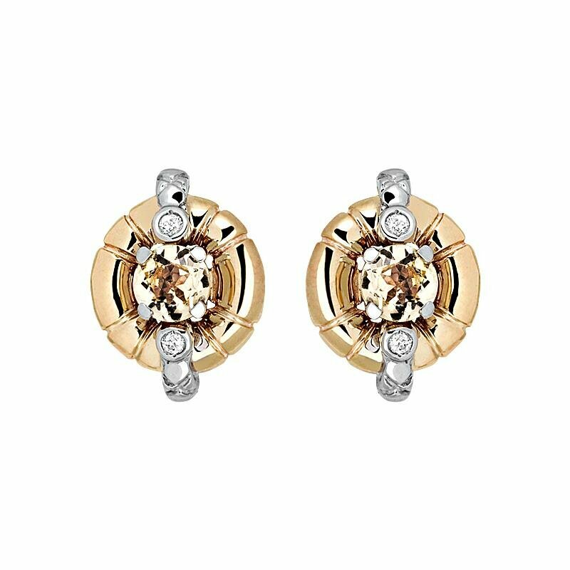 Серьги, комбинированное золото, 585 проба, бриллиант, гелиодор