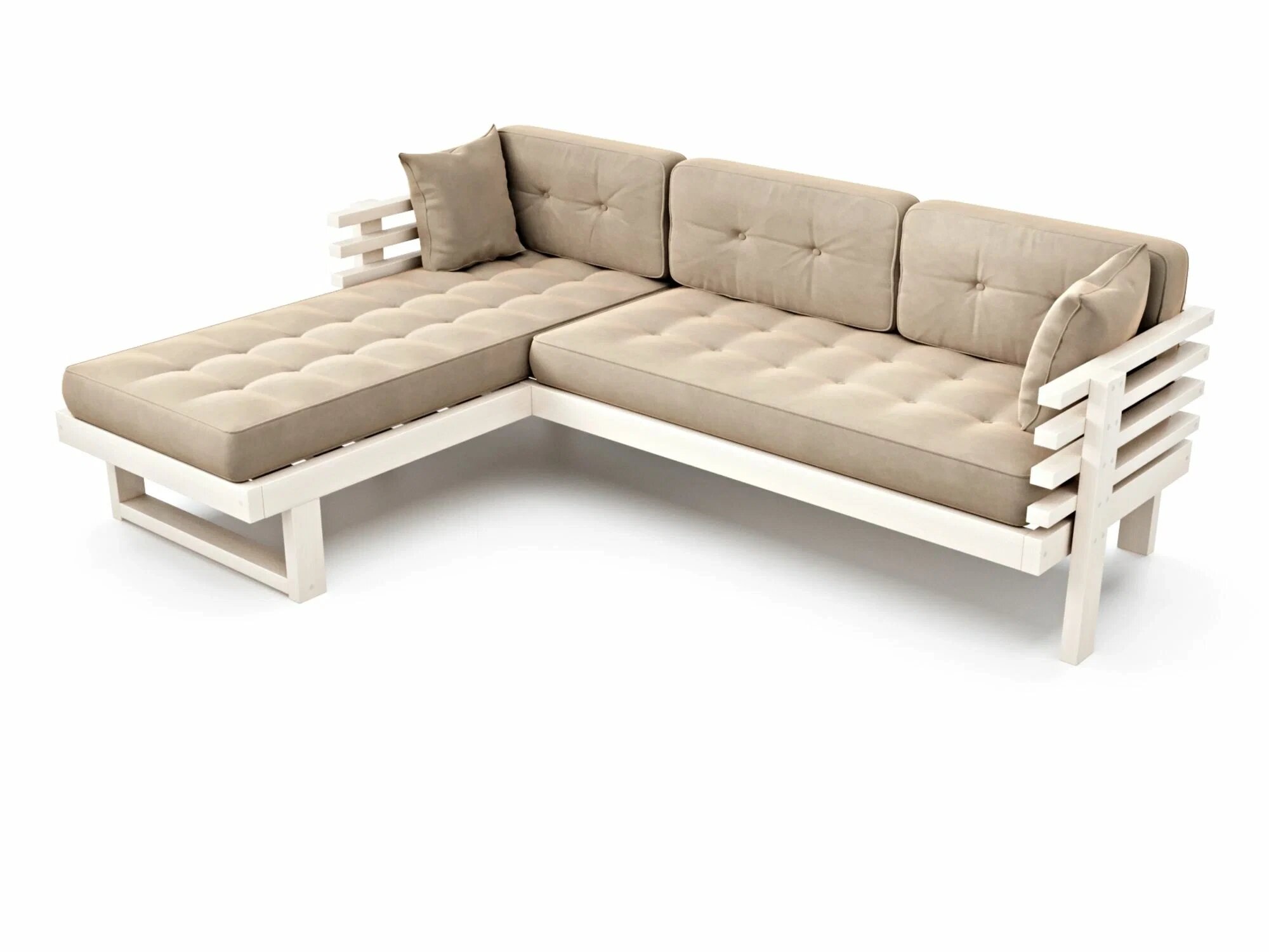 Угловой садовый диван Arsko Стоун-У-С левый, бежевый-беленый дуб, велюр, массив дерева, для кафе и бара, скандинавский лофт