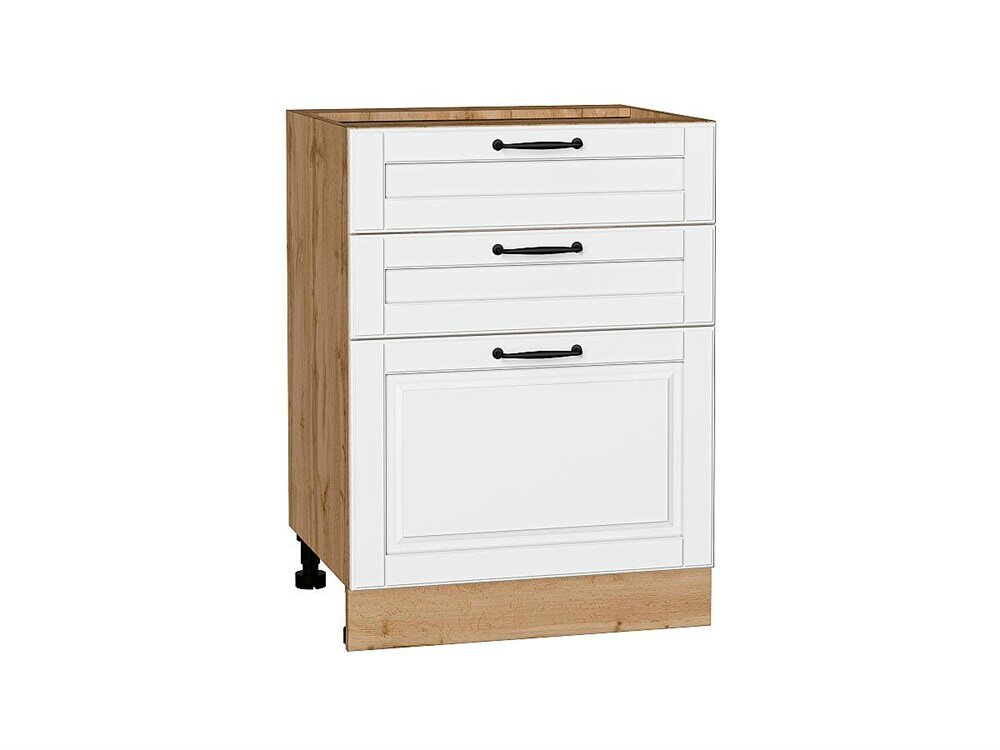 VVT Кухонный Шкаф нижний с 3-мя ящиками Дублин Дуб Вотан, Special White, 600, каркас ЛДСП Дуб Вотан, фасад МДФ Special White, 816*600*478