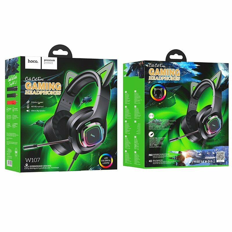 Н-ки HOCO W107 Cute cat luminous cat ear gaming headphones elf cat