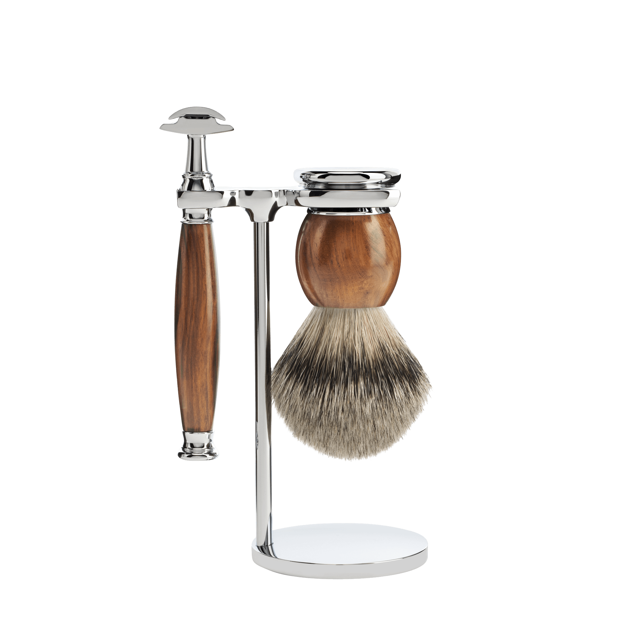 Бритвенный набор MUEHLE SOPHIST (Т-образная бритва, помазок, подставка), барсучий ворс высшей категории, железное дерево