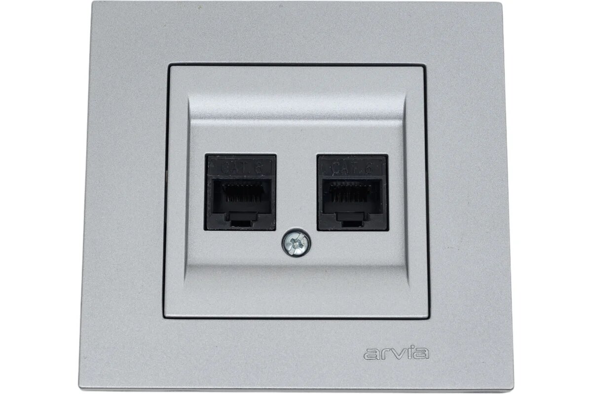 Arvia Electric Розетка дата с двойным выходом, 2 x RJ45 (CAT6), серебряная с рамкой