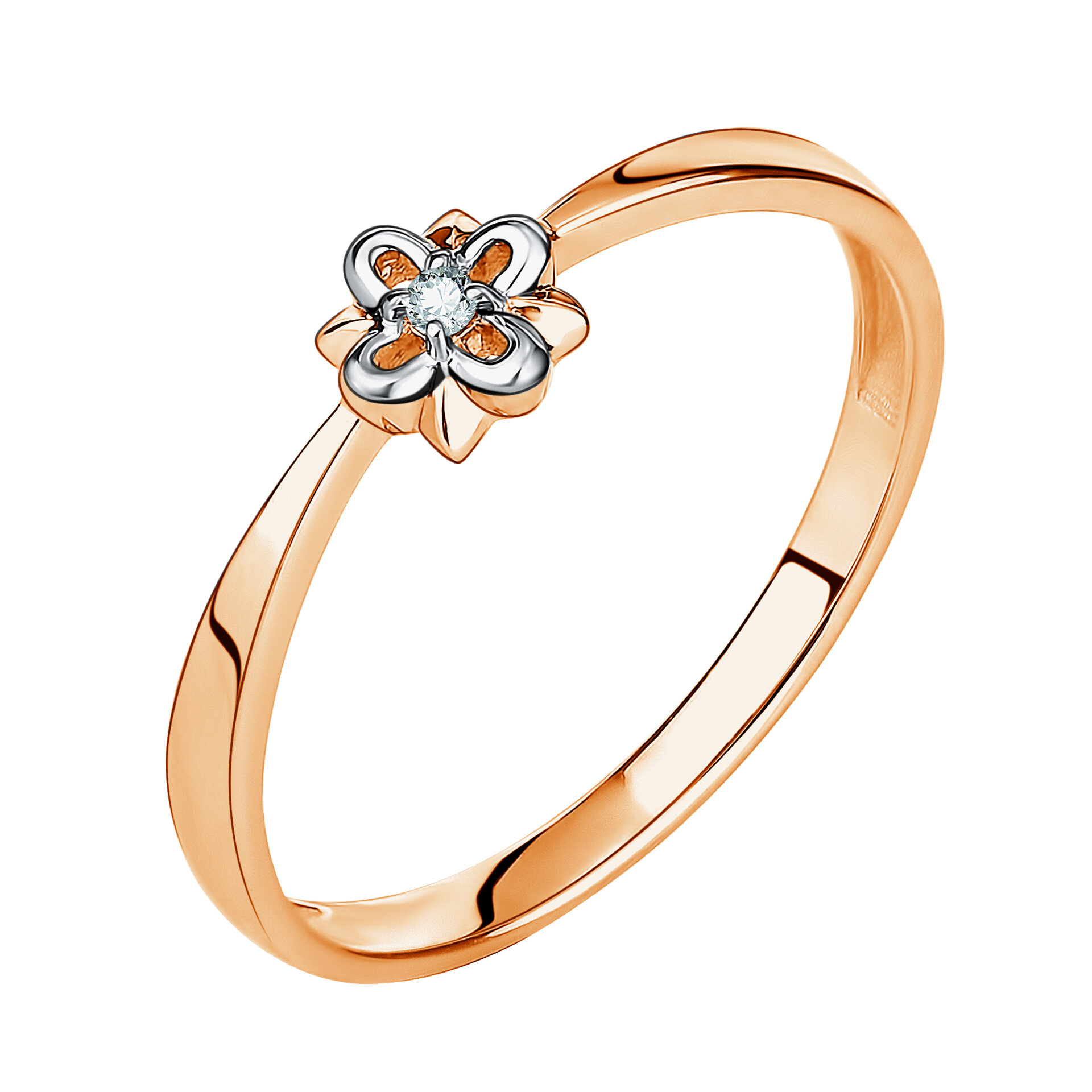 Кольцо помолвочное, тонкое, красное золото, 585 проба, родирование, фианит