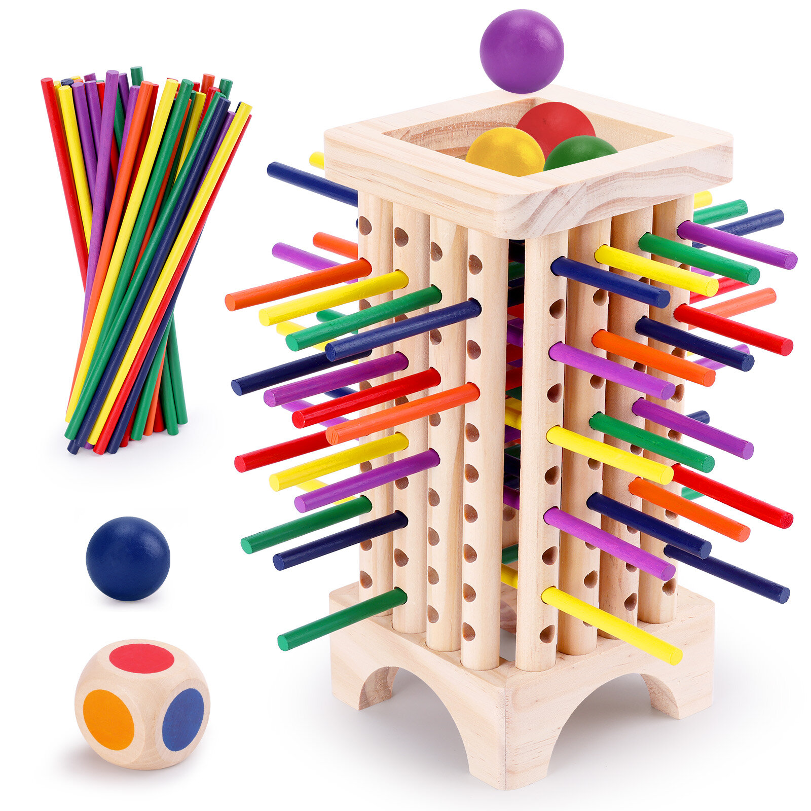 Игрушка Монтессори Деревянная настольная игра, 42 деревянных палок Разноцветные Кубик Игра Математические образовательные игрушки для детей 3 4 5 6 лет, Игрушки для развития мелкой моторики и подсчета Семейная игра Путешественные игрушки Подарки для детей