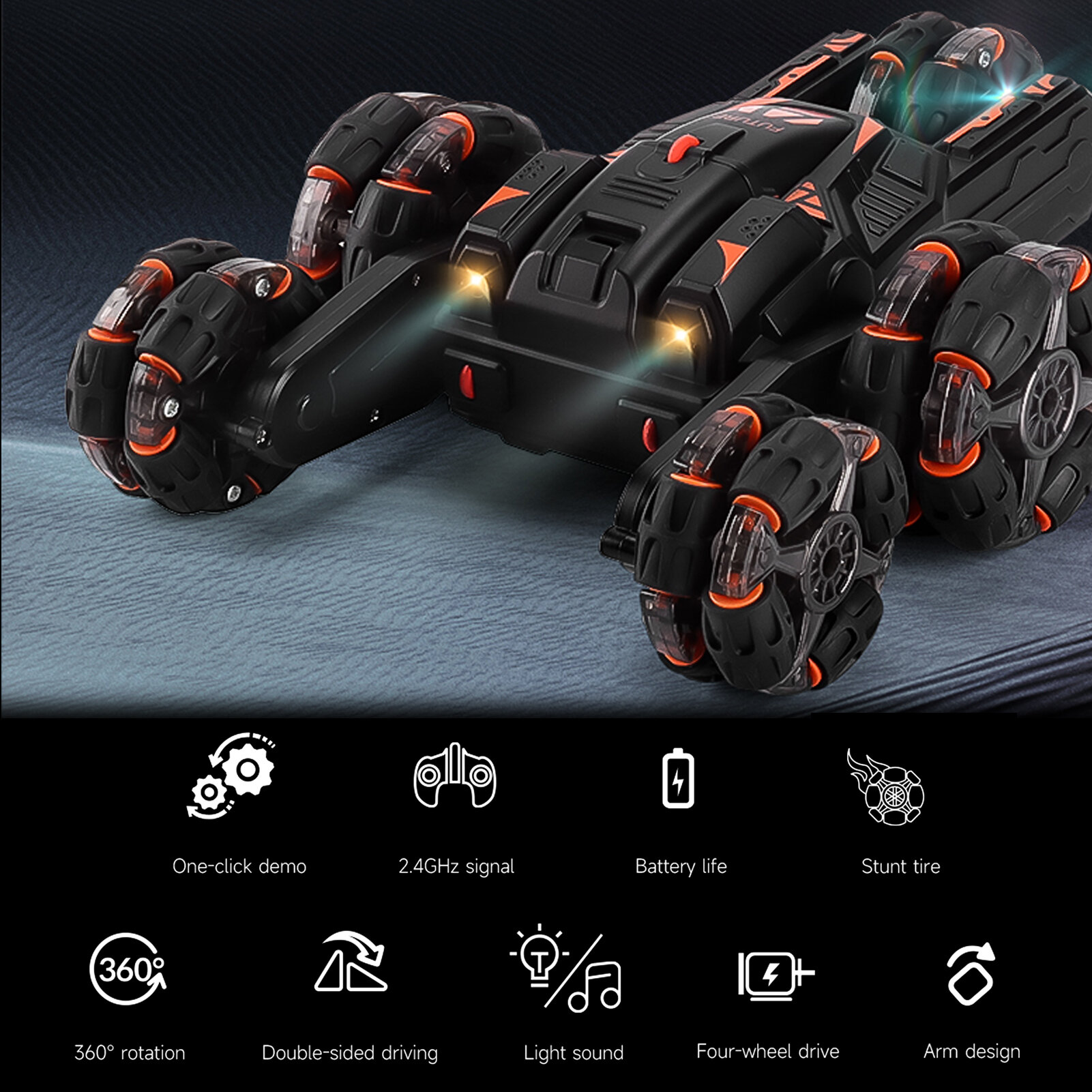 Детская трюковая машинка с дистанционным управлением, двухсторонняя, 2,4 ГГц, часы, дистанционный трюковой автомобиль, вращающийся на 360 , с музыкальным светом
