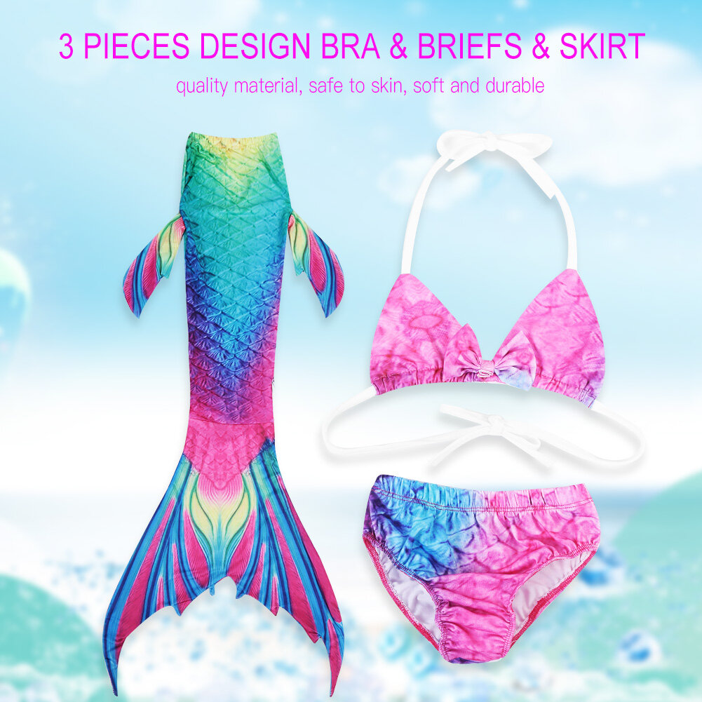 3pcs Купальник для девочек Дети Бикини Сет с Рыбачьим Хвостом Купальники Морской Девица (200) Размеры 110, 120, 130, 140, 150 Материал Полиэстер Цвет Как на картинке
