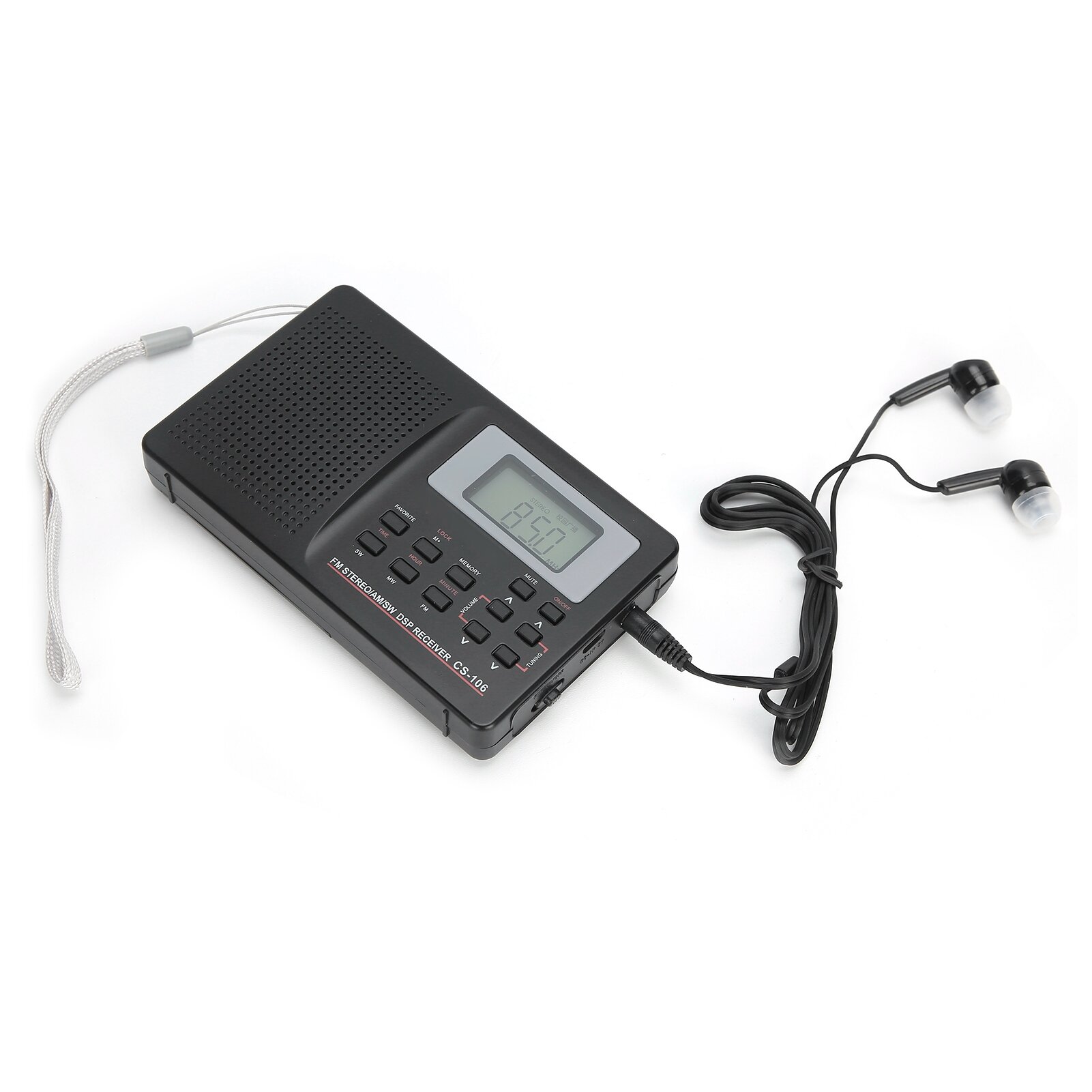 Приемник радио CS-106 Full Band FM/AM/SW/MW с цифровым часом и наушником, материал ABS, вес approx. 185g/6.5oz, диапазон частот FM1:64-87MHZ, FM2:87-108MHZ, AM(MW):520-1710KHZ, SW:3.2-21.85MHZ, диаметр колонки внутренний 57 мм 8Ω 0.5W, наушники