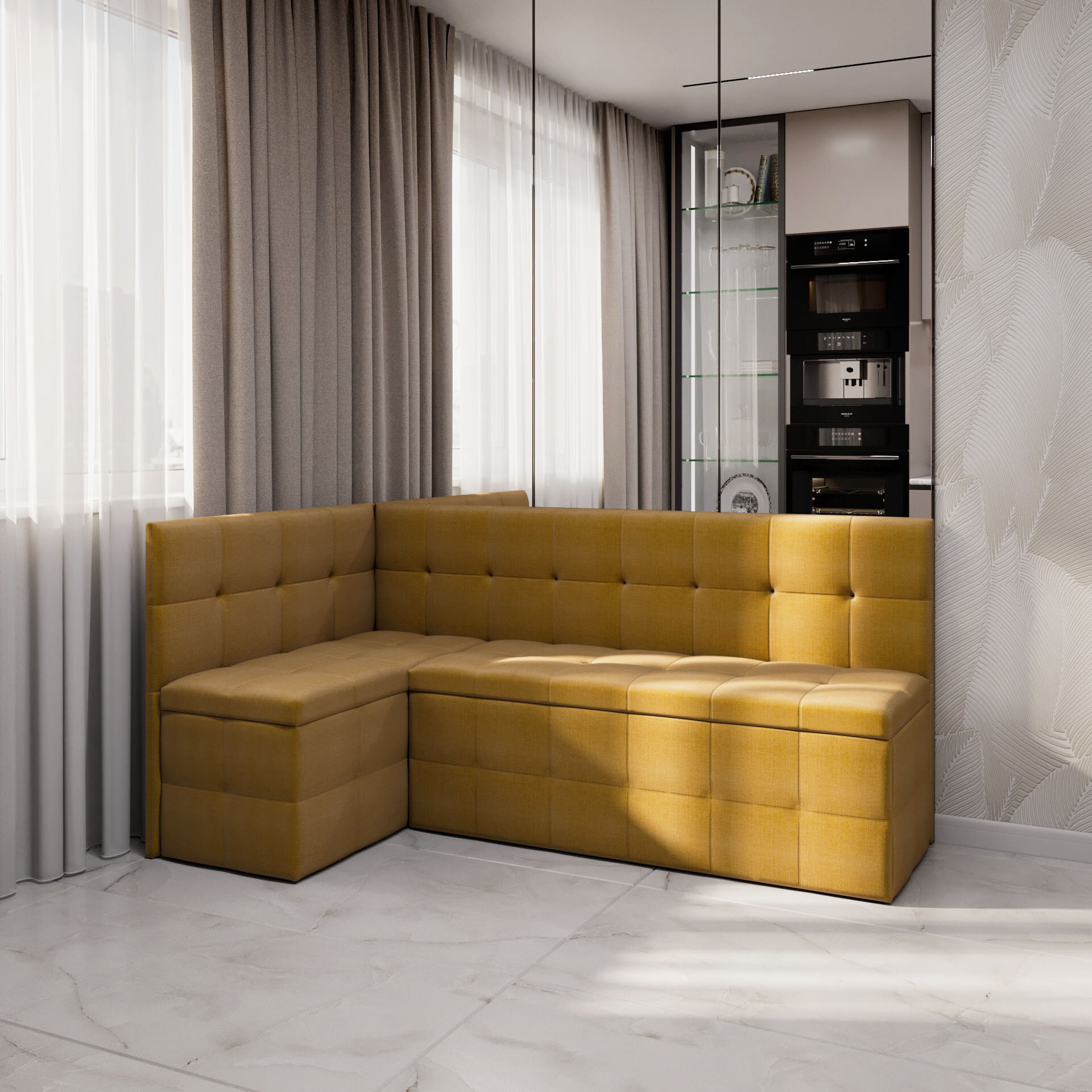 Диван кухонный угловой "Домино" D@E Factory со спальным местом, рогожка Саванна плюс йеллоу, угол универсальный