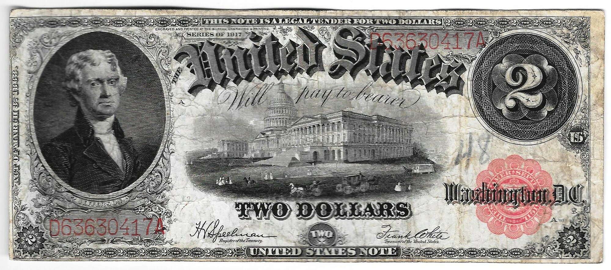 Банкнота 2 доллара 1917 США