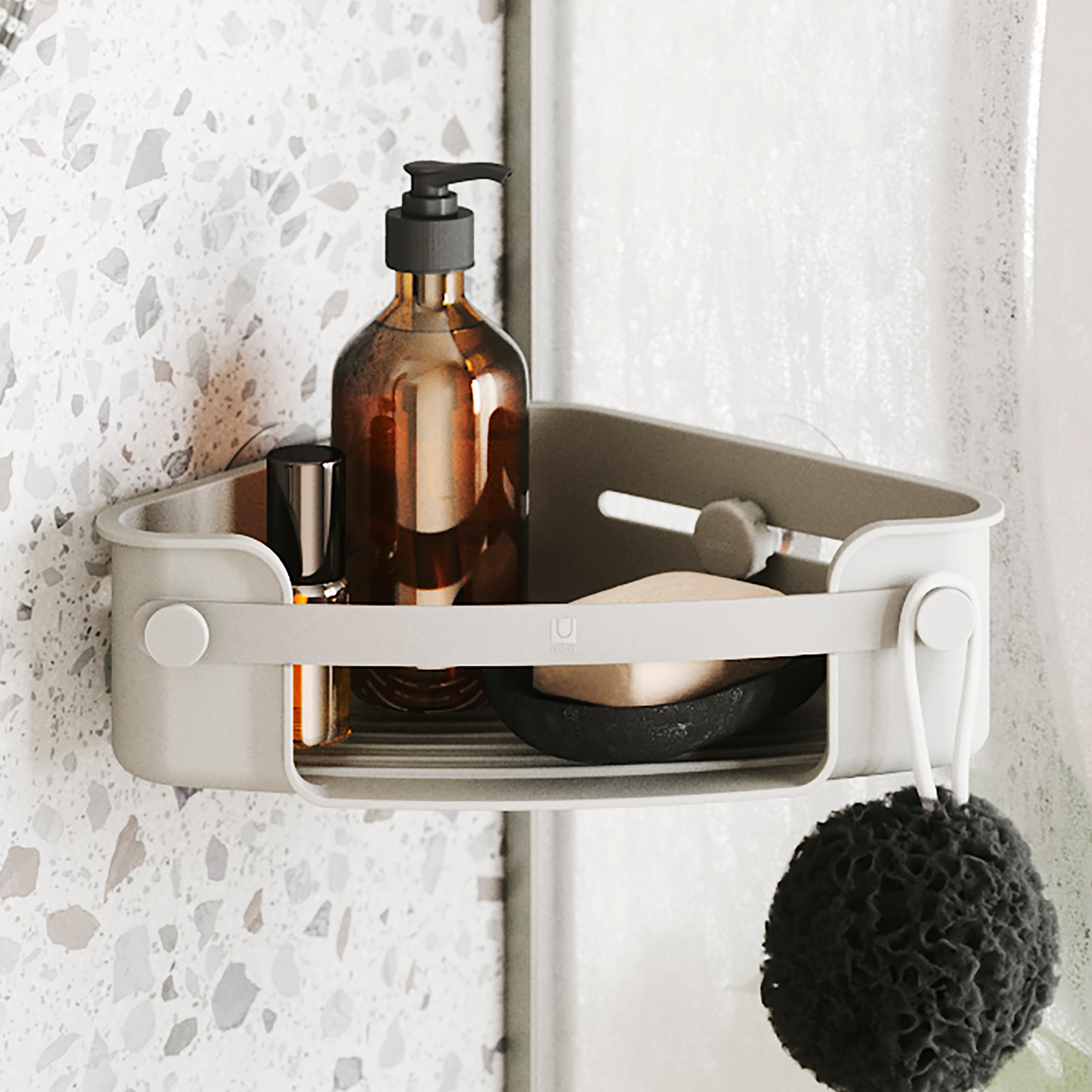 Угловая клеящаяся полка для ванной Umbra Flex, серая