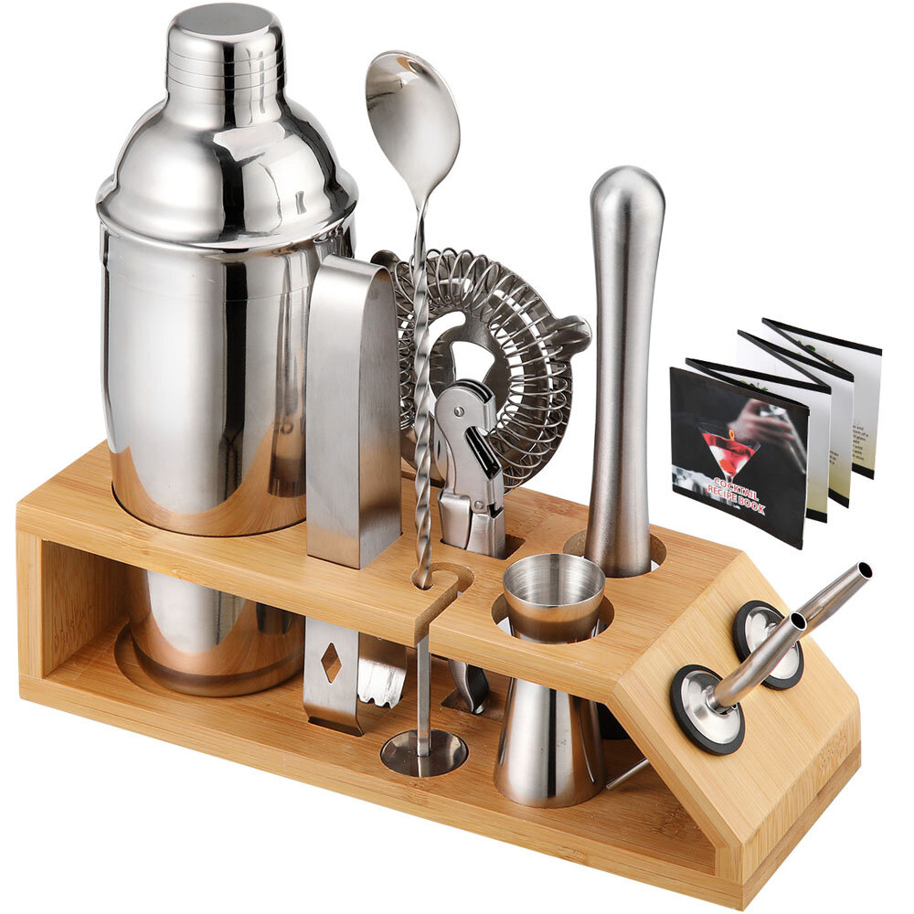 10pcs Набор для коктейлей Bar Cocktail Set с шейкером, инструментами из нержавеющей стали 304 и бамбуковым стеллажом, объемы 350ml, 550ml, 750ml, Boston shaker (опционально)