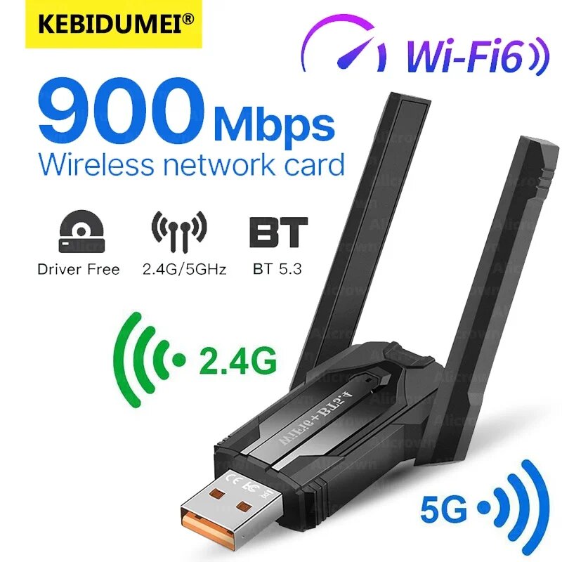 Kebidumei WiFi 6 USB адаптер 900 Мбит/с, Bluetooth 5.3, External antenna