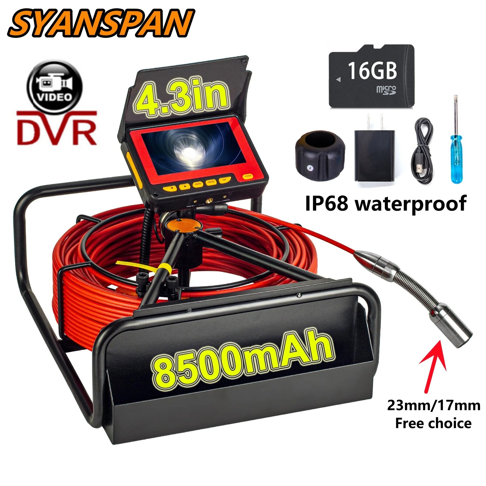 SYANSPAN WP-9616 Эндоскоп для труб 16 ГБ 17MM Camera Head DVR, 10 м