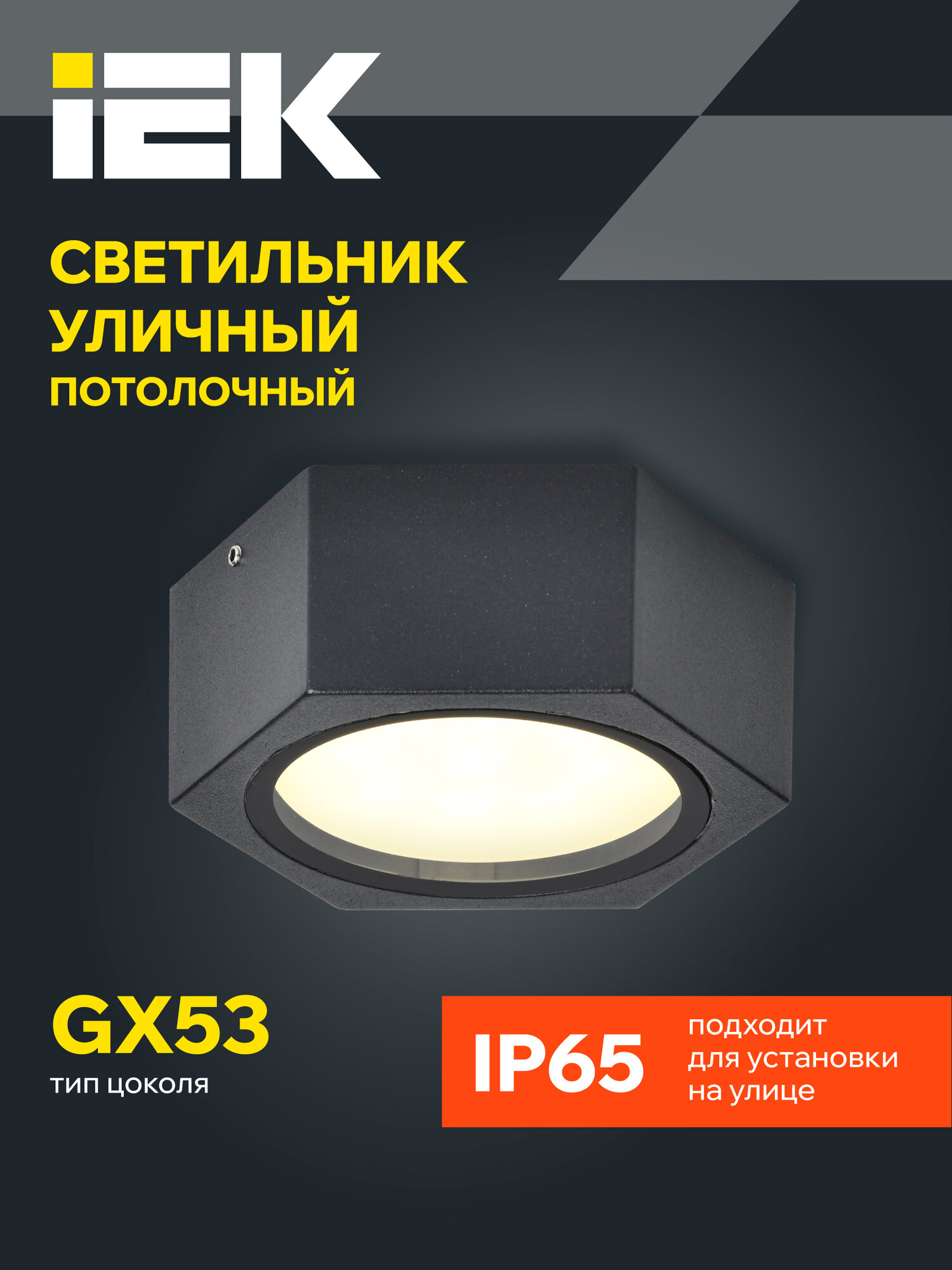 Светильник уличный IEK 5204, потолочный GX53, IP65, черный металл, 220-240В, 15Вт, современный стиль